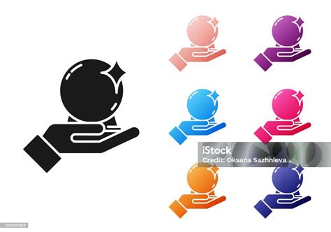 흰색 배경에 고립 된 손 아이콘에 검은 매직 공 크리스탈 볼 다채로운 아이콘을 설정합니다 벡터 일러스트레이션 겨울에 대한 스톡 벡터 아트 및 기타 이미지 Istock