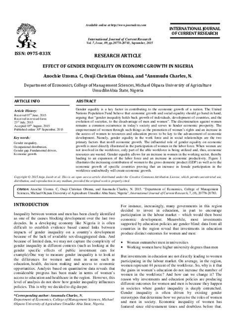 Pdf Effect Of Gender Inequality On Economic Growth In Nigeria