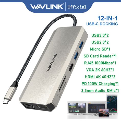 Wavlink Usb C 12 In 1 Hub Docking Station Triple Display Adapter With Hdmi Vga 85w Laptop