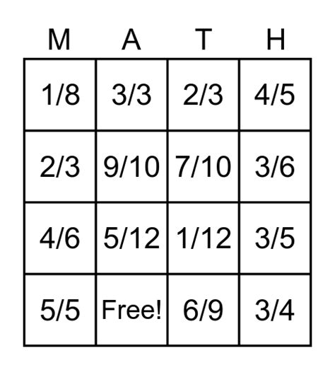 Fractions Bingo Card