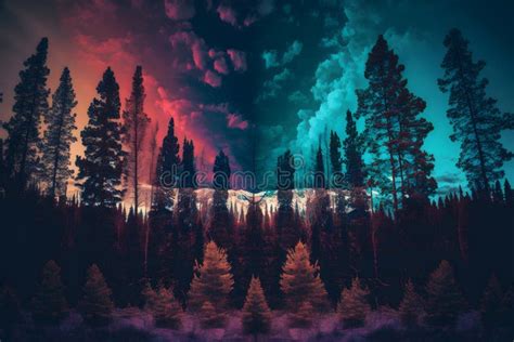 Beautiful Winter Forest At Night And Northern Lights Neural Network AI Generated Stock