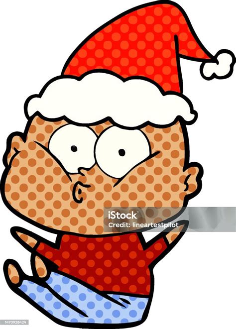 산타 모자를 쓰고 쳐다보는 대머리 남자의 손으로 그린 만화책 스타일의 그림 낙서 드로잉에 대한 스톡 벡터 아트 및 기타 이미지