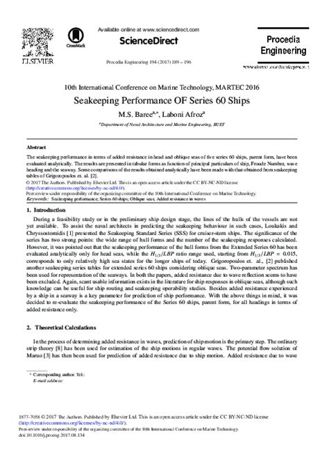Pdf Seakeeping Performance Of Series 60 Ships