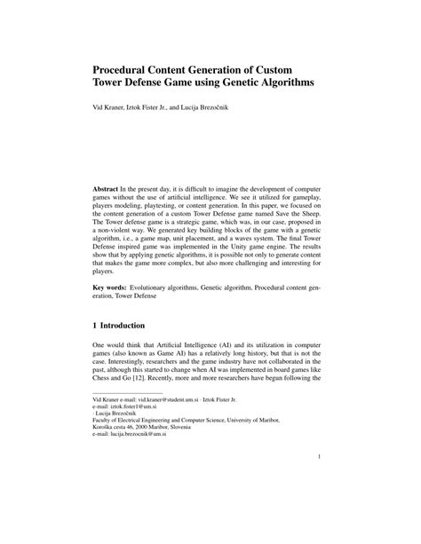 Pdf Procedural Content Generation Of Custom Tower Defense Game Using Genetic Algorithms