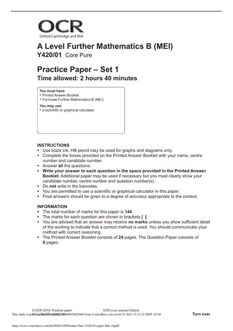 A Level Further Mathematics B MEI Y Core Pure Practice Paper Set HESIPN