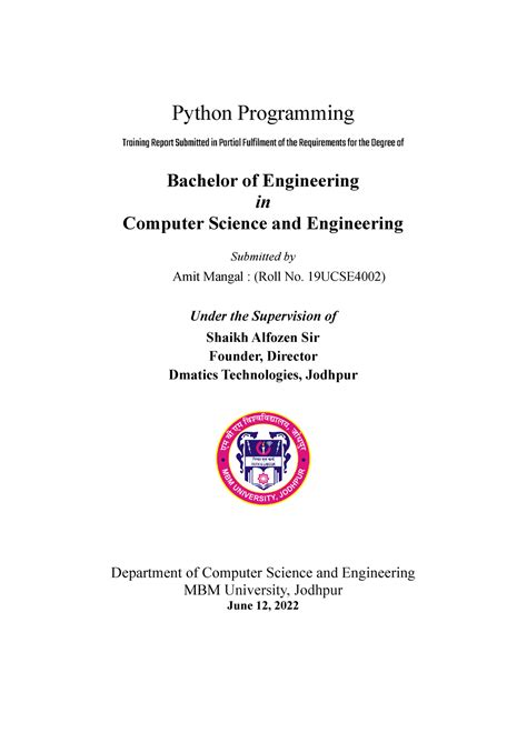 Training Report Python Programming Training Report Submitted In