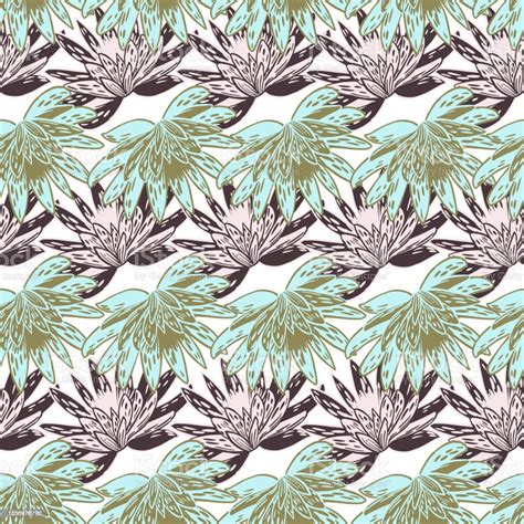 가벼운 배경에 손 그리기 연꽃과 원활한 패턴 낙서 스타일의 벡터 녹색 꽃 템플릿 부드러운 여름 식물 질감 0명에 대한 스톡 벡터 아트 및 기타 이미지 Istock