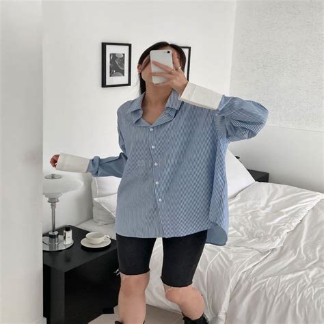 여자 스트라이프 오버핏 보이프렌드 긴팔 박시 셔츠