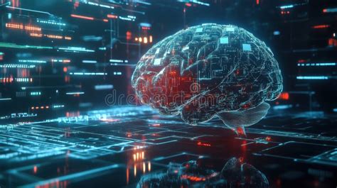 A Digital Brain Merges With Ai Circuits And Holographic Projections Showcasing Advanced