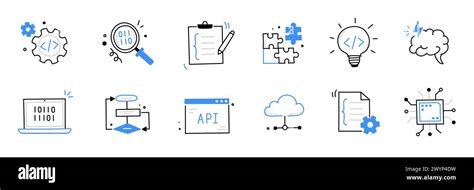 software code icon doodle set hand drawn line sketch software coding