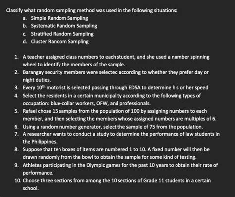 Solved Classify What Random Sampling Method Was Used In The Chegg
