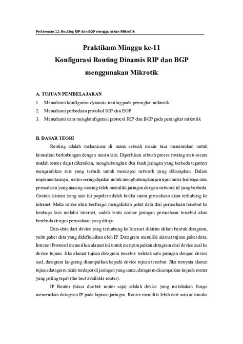 Pdf Praktikum Minggu Ke 11 Konfigurasi Routing Dinamis Rip Dan Bgp Menggunakan Mikrotik