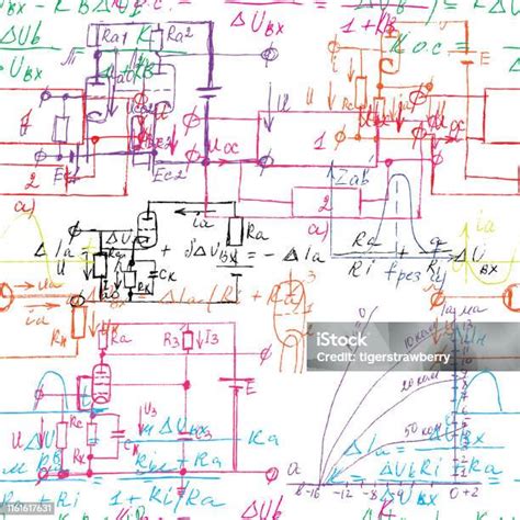 필기 수학 및 물리적 수식 전자 부품 회로도 및 장치의 회로와 과학적인 원활한 배경 전기 패턴입니다 벡터 전기 연료 및 전력 생산에 대한 스톡 벡터 아트 및 기타 이미지