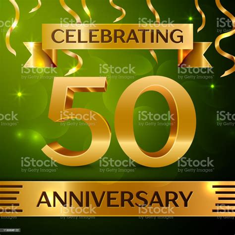 현실적인 50 50 년 기념일 축 하 디자인 골드 색종이 고 녹색 바탕에 리본 생일 파티에 대 한 다채로운 벡터 템플릿 요소 50세 생일에 대한 스톡 벡터 아트 및 기타