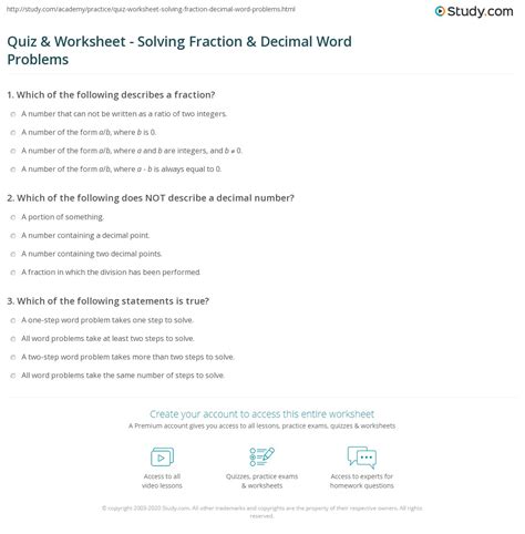 Quiz Worksheet Solving Fraction Decimal Word Problems Study Com