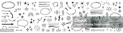 스케치 선 화살표 요소 별 하트 모양 손으로 그린 낙서 스케치 스타일 원 구름 말풍선 그런지 요소 세트 화살표 별 하트 브러시 장식입니다 벡터 개체 그룹에 대한 스톡 벡터