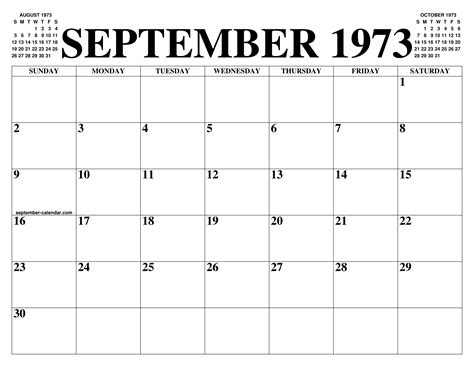September 1973 Calendar Of The Month Free Printable September Calendar