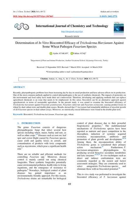 Pdf Determination Of In Vitro Biocontrol Efficacy Of Trichoderma Harzianum Against Some Wheat