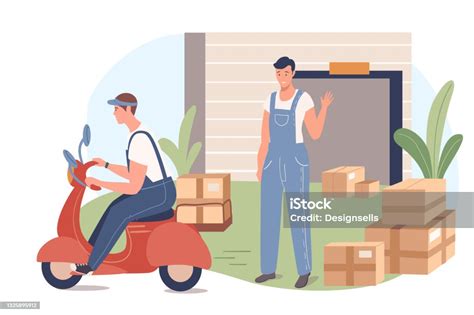 배달 서비스 웹 개념 창고에서 일하는 사람 소포를 싣고 운반합니다 택배는 고객에게 주문 상자를 제공합니다 사람 장면 템플릿입니다 플랫 디자인의 문자벡터 일러스트레이션 개념에