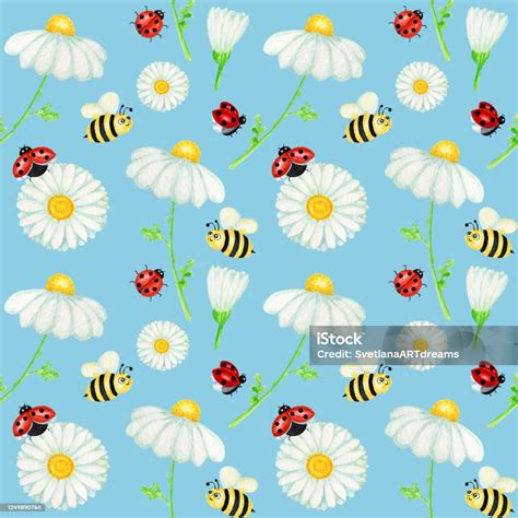 수채화 데이지 카모마일 꽃 원활한 패턴 플라이 무당 벌레 꿀벌 일러스트 파란색 배경에 손으로 그린 식물 허브 하얀 꽃 싹 줄기 잔디 야생 식물원 꽃 건강관리와 의술에 대한