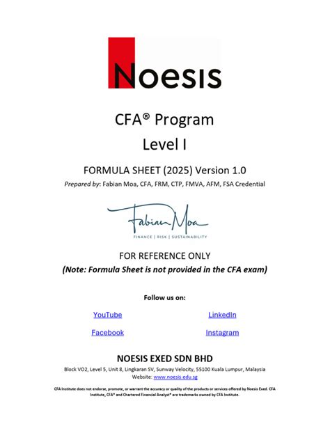 Cfa Level I Formula Sheet 2025 By Fabian Moa Pdf Errors And