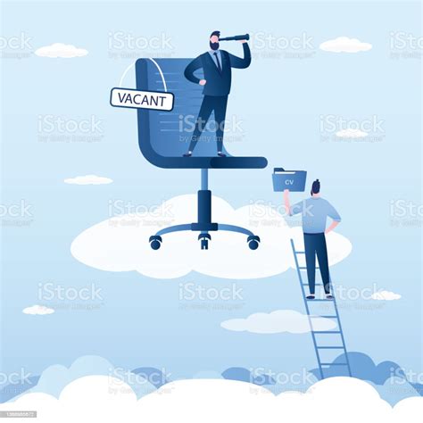 클라우드에 서 있는 비즈니스 의자 새로운 직원을 찾고 있는 사업가 이력서를 가진 구직자는 올라갔습니다 채용 과정 새로운 근로자를
