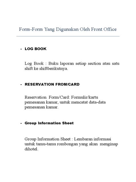 formulir dan peralatan front office pdf