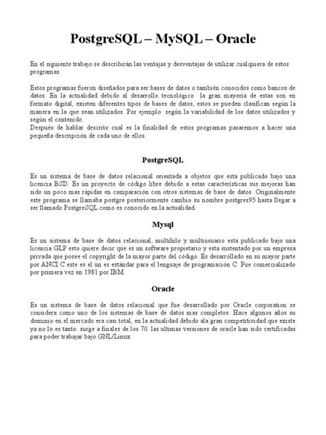 Diferencia Entre Postgresql Mysql Oracle Pdf Postgre Sql Mi Sql