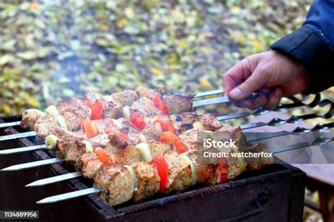 남자 손으로 회전 고기 조각 화로 구이에 구운 숯 위에 바비큐 그릴을 준비 하는 양념 고기에 대한 스톡 사진 및 기타 이미지 고기 구이 굽기 Istock