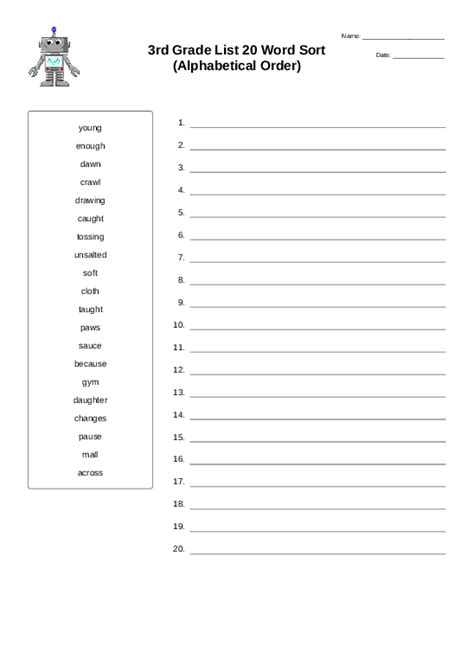 3rd Grade List 20 Word Sort Alphabetical Order Sort Into Order Worksheets Library