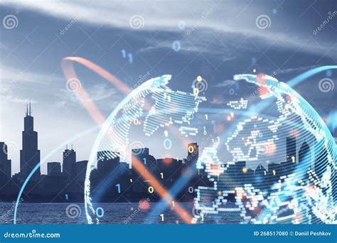 Abstract Globe Sphere With Coding And Polygonal Network On Blurry City