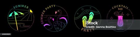 형광 라인 아트 여름 아이콘 세트 칵테일 플라밍고 해변 Ubmrella 및 플립 플롭 여름 포스터 세트입니다 벡터 일러스트 레이 션 0명에 대한 스톡 벡터 아트 및 기타