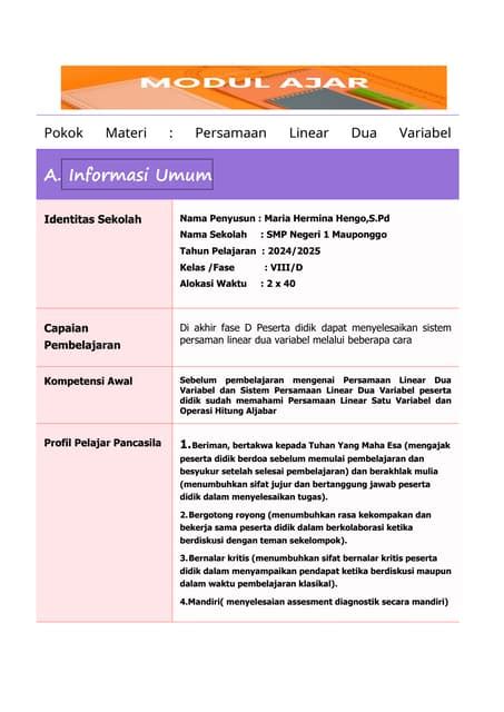 Modul Ajar Sistem Persamaan Linear Dua Variabel Spldv Pdf