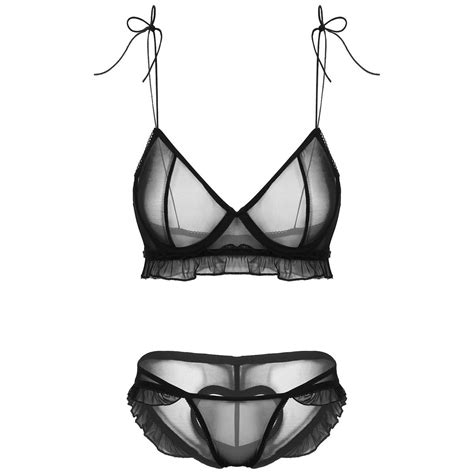 Women See Through Sheer Mesh Lingerie Set Elastic String Shoulder Straps Ruffle Underwired Bra
