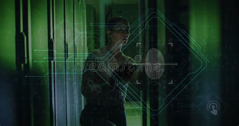 Image Of Biometric Fingerprint Over Caucasian Female It Engineer With