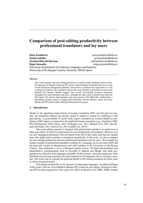 Pdf Comparison Of Post Editing Productivity Between Professional Translators And Lay Users