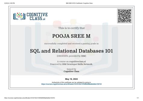 ibm cognitiveclass sql database certification continuouslearning… pooja sree