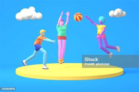 3d 렌더링 만화 캐릭터는 파란색 분홍색 보라색 피부를 가진 남자와 두 여자가 배구 공을 한다 최소한의 바다 해변 개념입니다 밝은 색상 그림입니다 여름에 대한 스톡 사진 및
