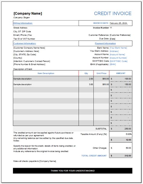Credit Invoice Template For Excel Download Xlsx File