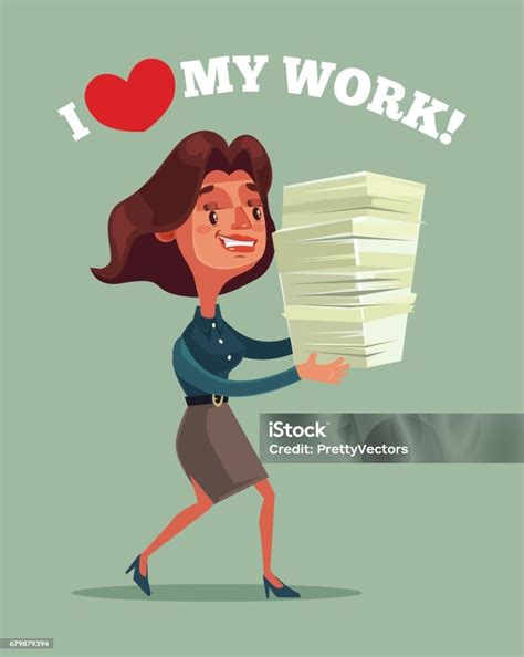 비즈니스 여자 사무실 작업자 마스코트 캐릭터 들고 많은 문서 보고서 웃 고 행복 한 경영자에 대한 스톡 벡터 아트 및 기타 이미지 경영자 고용과 노동 과로 Istock