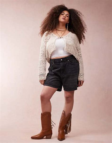 Asos Design Curve Denim Dad Shorts In Wash Black Asos