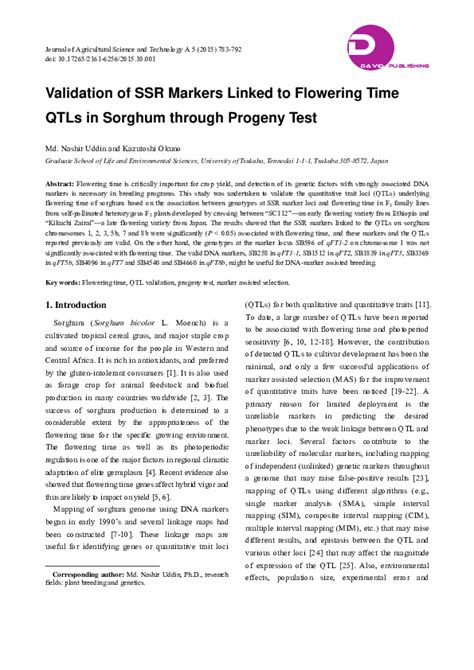 Pdf Validation Of Ssr Markers Linked To Flowering Time Qtls In Sorghum Through Progeny Test