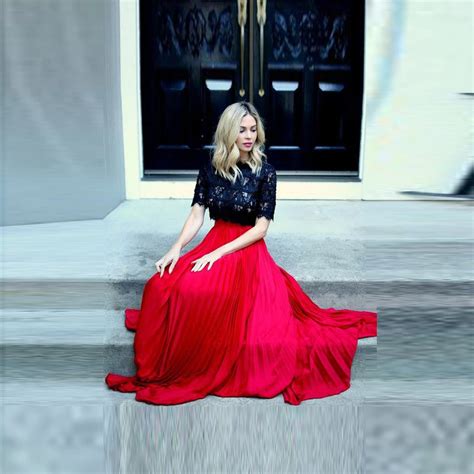 Pleated Red Chiffon Skirt Zipper Satin Waist A Line Floor Length Long