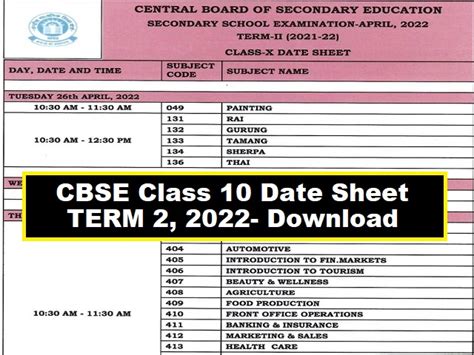 Cbse Class 10 Date Sheet 2022 Pdf Download English Hindi Maths