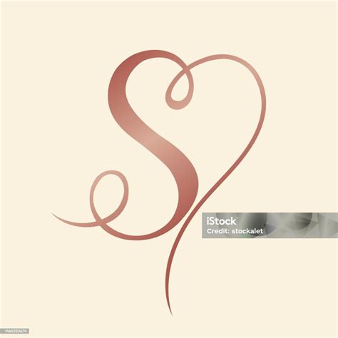 문자 S 로고 대문자 장식용 하트 모양 윤곽선 알파벳 이니셜 모노그램 결혼식 손글씨 발렌타인 데이 서명 하트 모양에 대한 스톡
