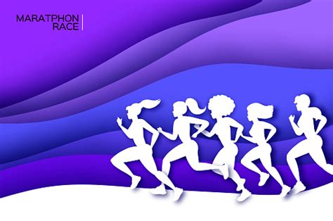 흰색 종이 접기 젊은 아가씨 실행입니다 종이 컷 스타일에 행복 한 피트 니스 여자 보라색 웨이브 배경에 실루엣에 여자 주자 고깅 스포츠 마라톤 역동적인 움직임 측면 뷰