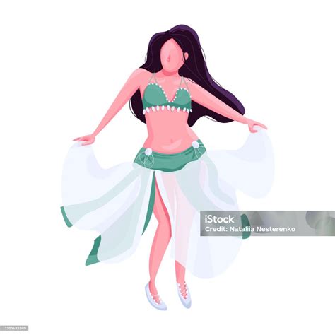 벨리 댄서 플랫 컬러 벡터 얼굴없는 캐릭터 웹 그래픽 디자인과 애니메이션을 위한 전통적인 동양 의상 고립 만화 일러스트에서 이국적인 배꼽 여성 연기자 20 29세에 대한