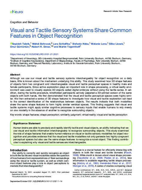 Pdf Visual And Tactile Sensory Systems Share Common Features In Object Recognition