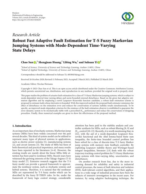 Pdf Robust Fast Adaptive Fault Estimation For T S Fuzzy Markovian