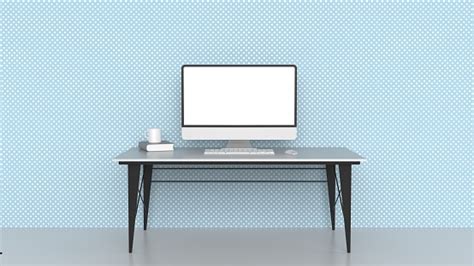 책과 커피 컵을 데스크톱 컴퓨터에서 깨끗 한 빈 화면 3d 설명입니다 0명에 대한 스톡 사진 및 기타 이미지 0명 공란